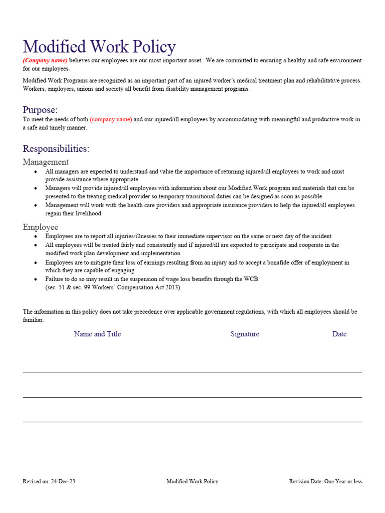 Modified Work Policy Template 1 1 | PDF
