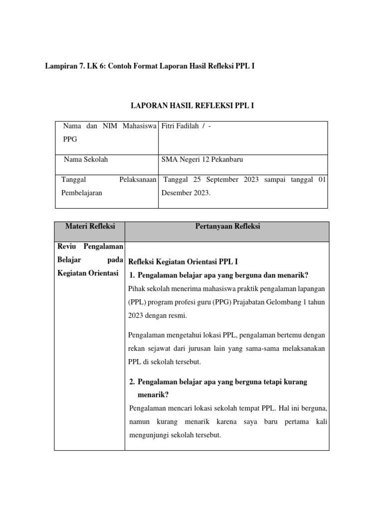 Lampiran 7. LK 6 Contoh Format Laporan Hasil Refleksi PPL I | PDF | Karier & Perkembangan ...