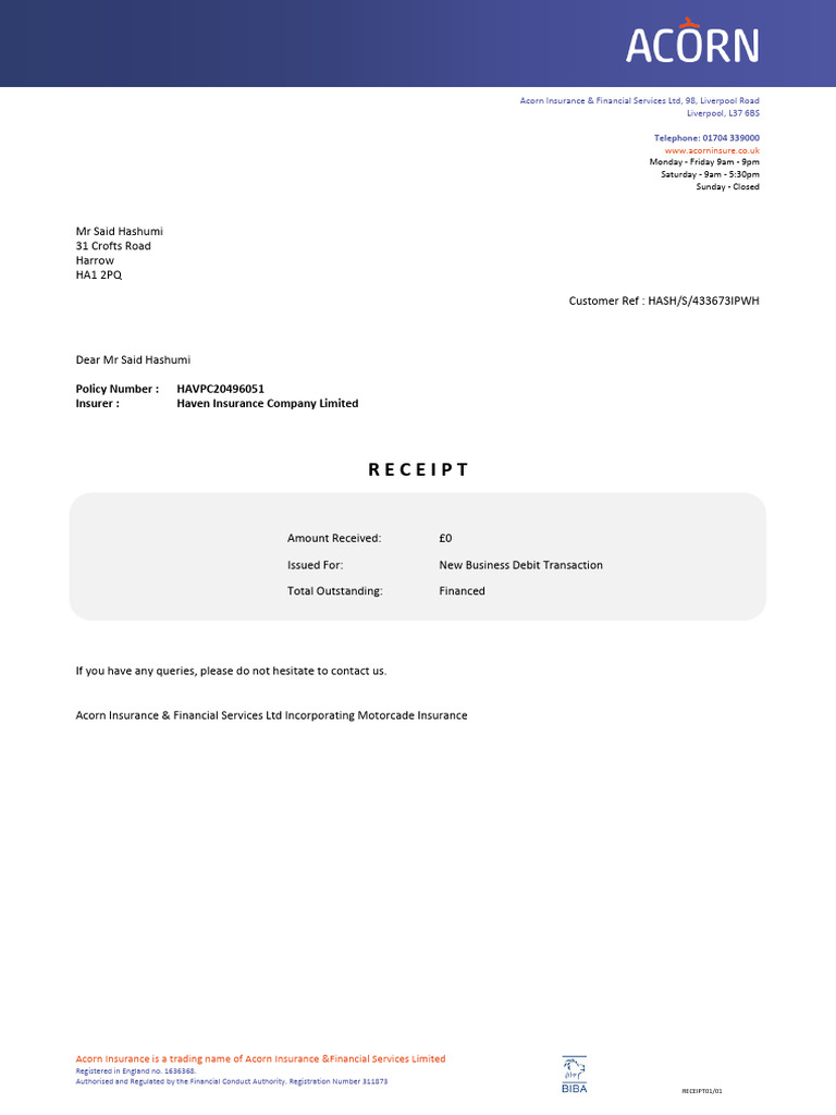Acorn Insurance Receipt for New Business | PDF