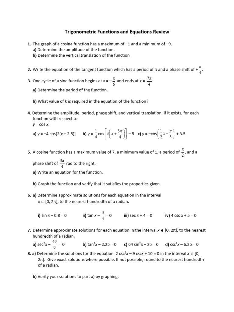 1 - Trigonometric Functions and Equations Review | PDF | Trigonometric ...