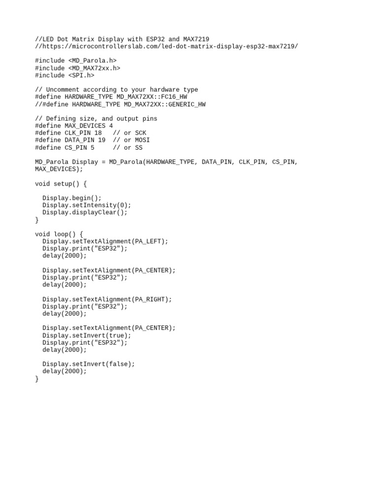 ESP32 MAX7219 Dot Matrix Display Guide | PDF
