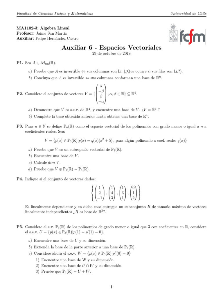 Auxiliar 6 Espacios Vectoriales | PDF