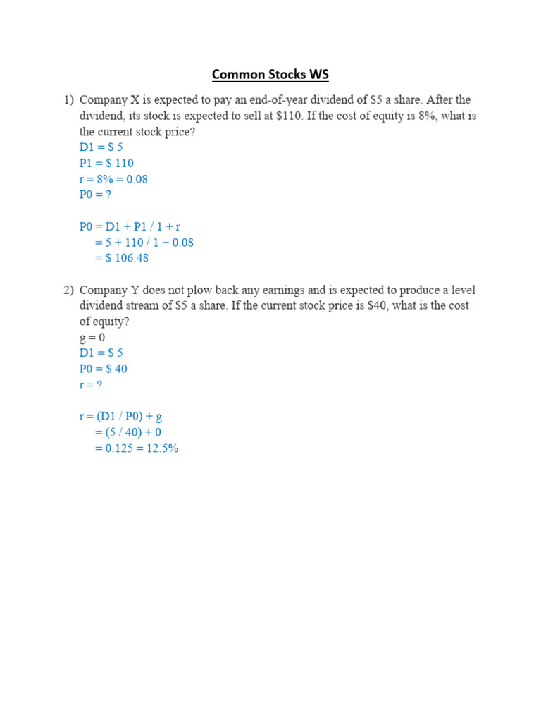 Common Stocks - Worksheet | PDF | Price–Earnings Ratio | Stocks