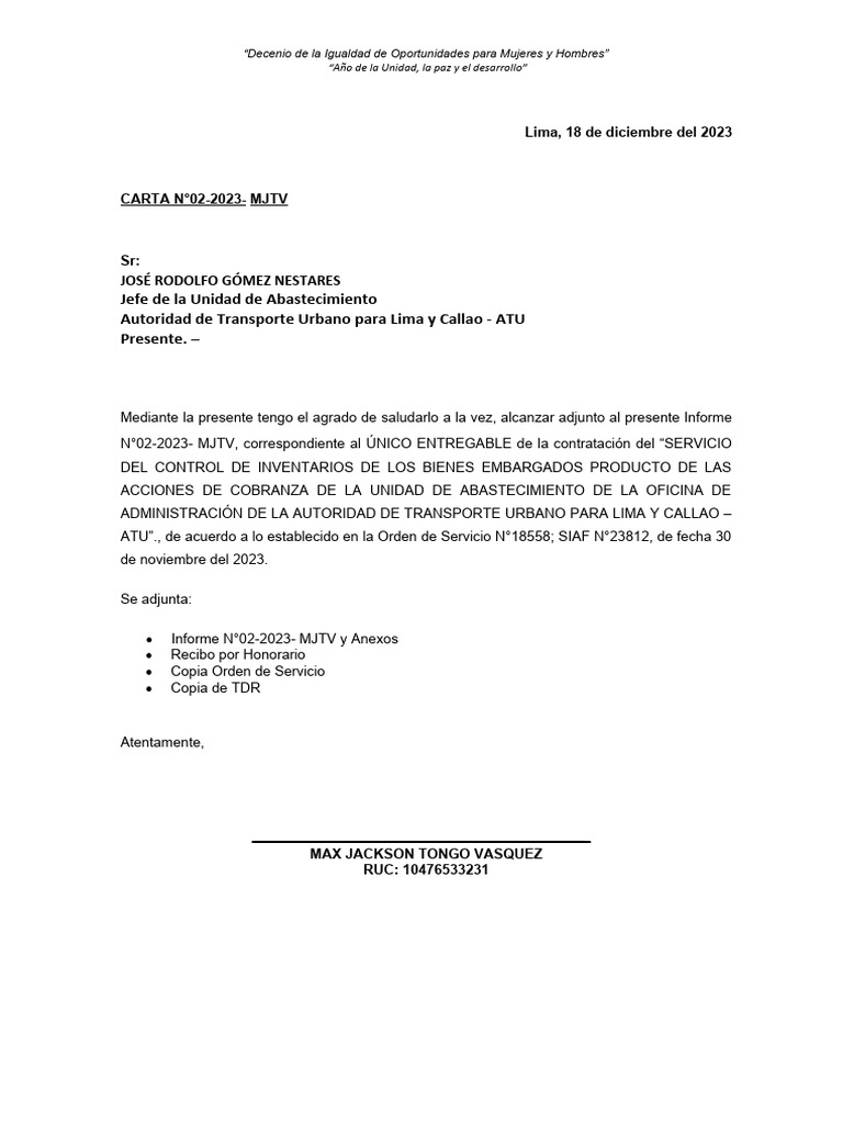 CARTA E INFORME Max Jackson Tongo Vasquez | PDF | Transporte | Lima