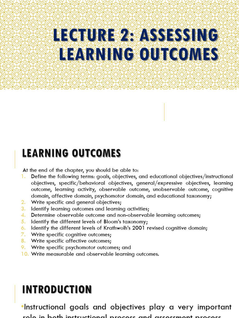 Lecture 2 Assessing Learning Outcomes | PDF | Learning | Affect (Psychology)