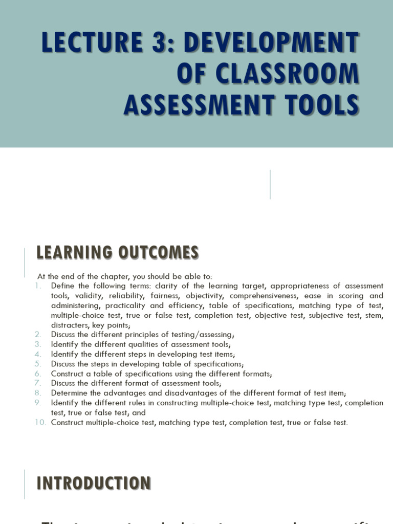 Lecture 3 Development of Classroom Assessment Tools | PDF | Educational Assessment | Multiple Choice