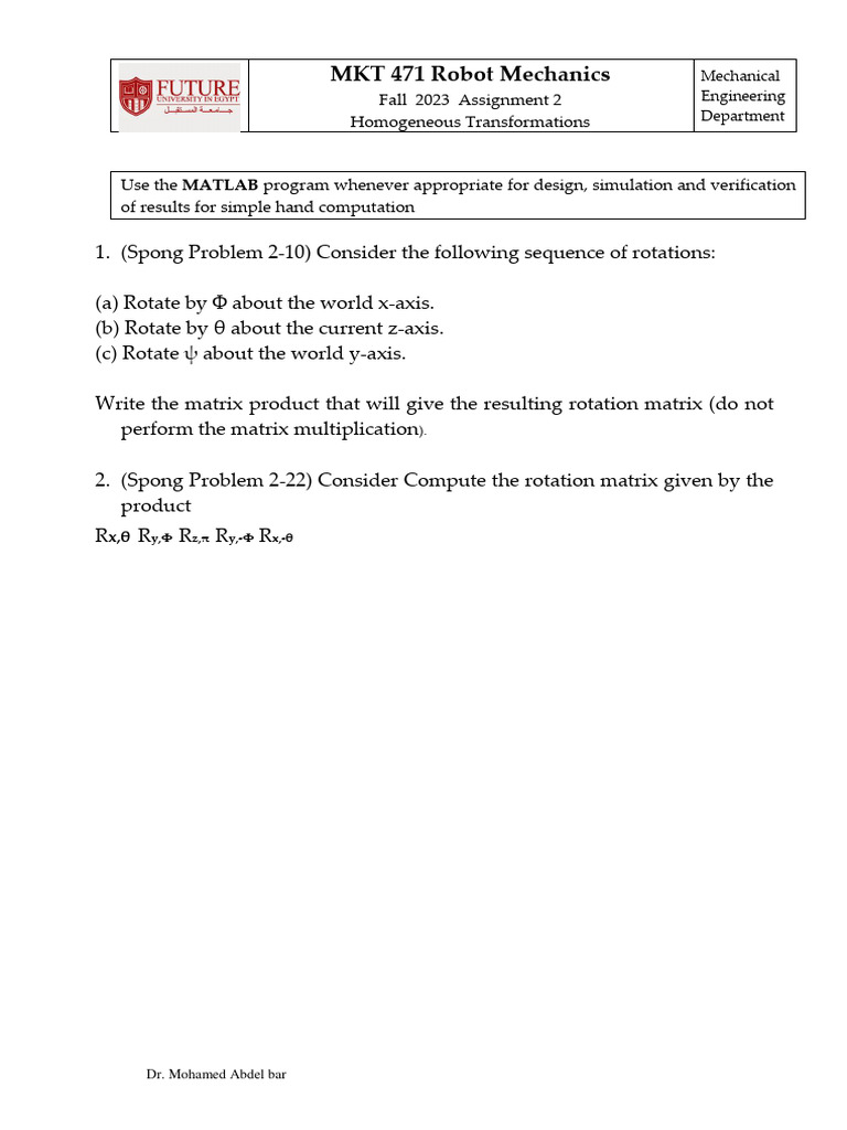 MKT 471 Robot Mechanics - 2023 Assignment 2 (1) (1) | PDF