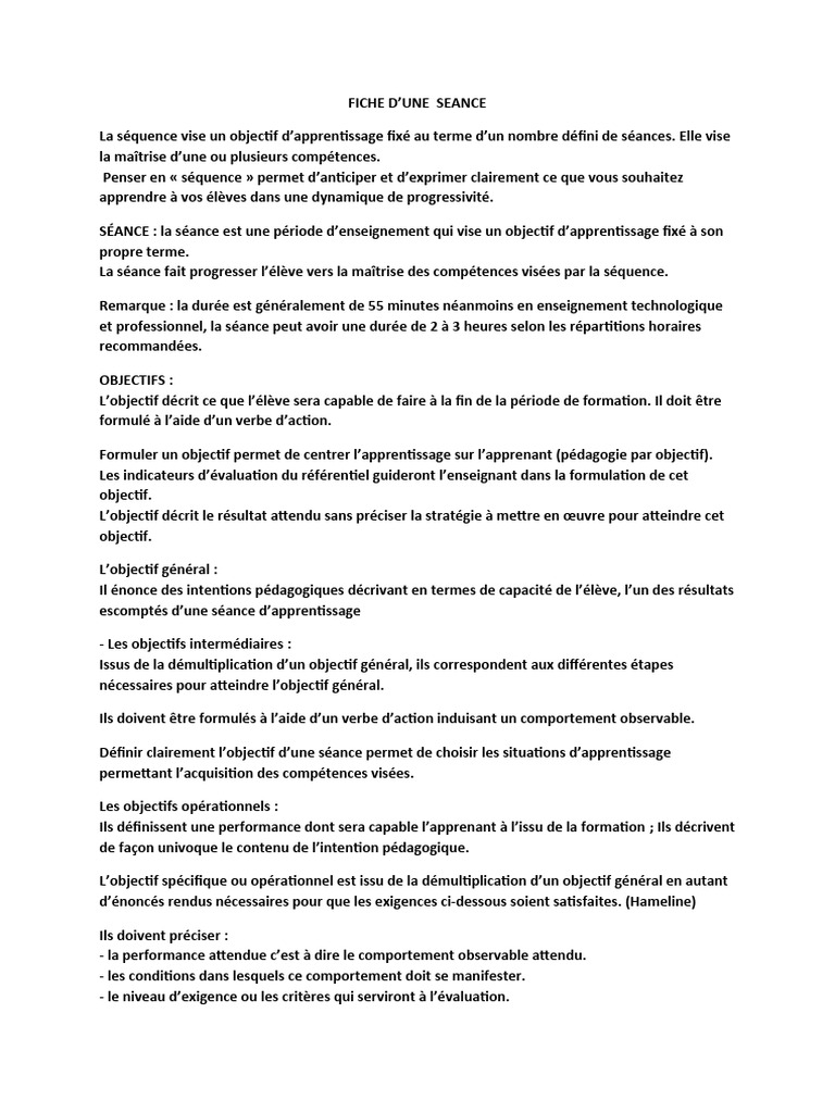 Fiche de déroulement de séance pédagogique | PDF | Pédagogie ...