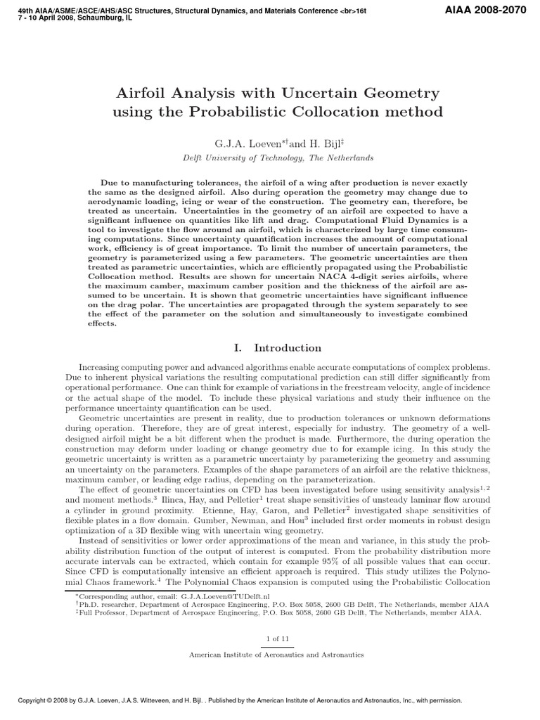 (2008) Airfoil Analysis With Uncertain Geometry Using The Probabilistic Collocation Method | PDF