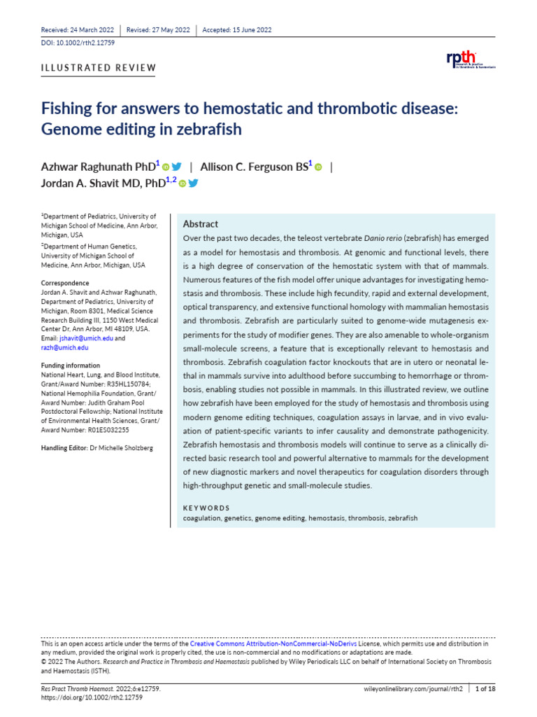 Zebrafish Models for Hemostasis Research | PDF | Platelet | Coagulation