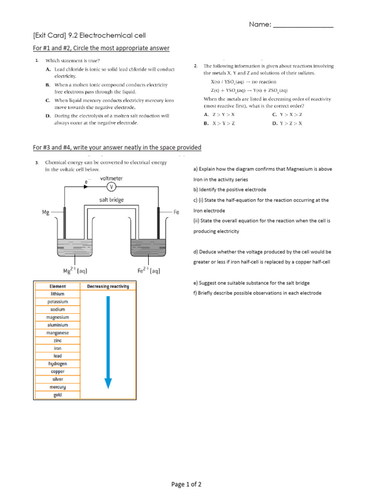 Exit Card 9.2 Electrochemical Cell | PDF