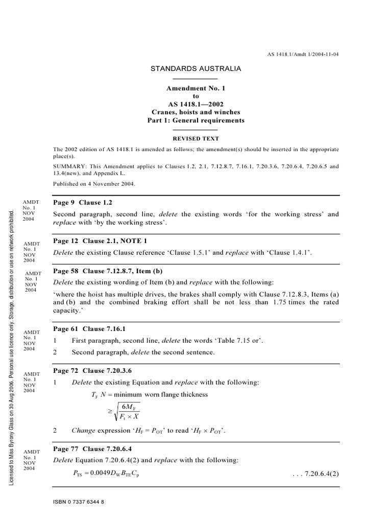 AS 1418.1 - 2002 Amdt 1 - 2004 Cranes, Hoists and Winches - Part 1 - General Requirements | PDF