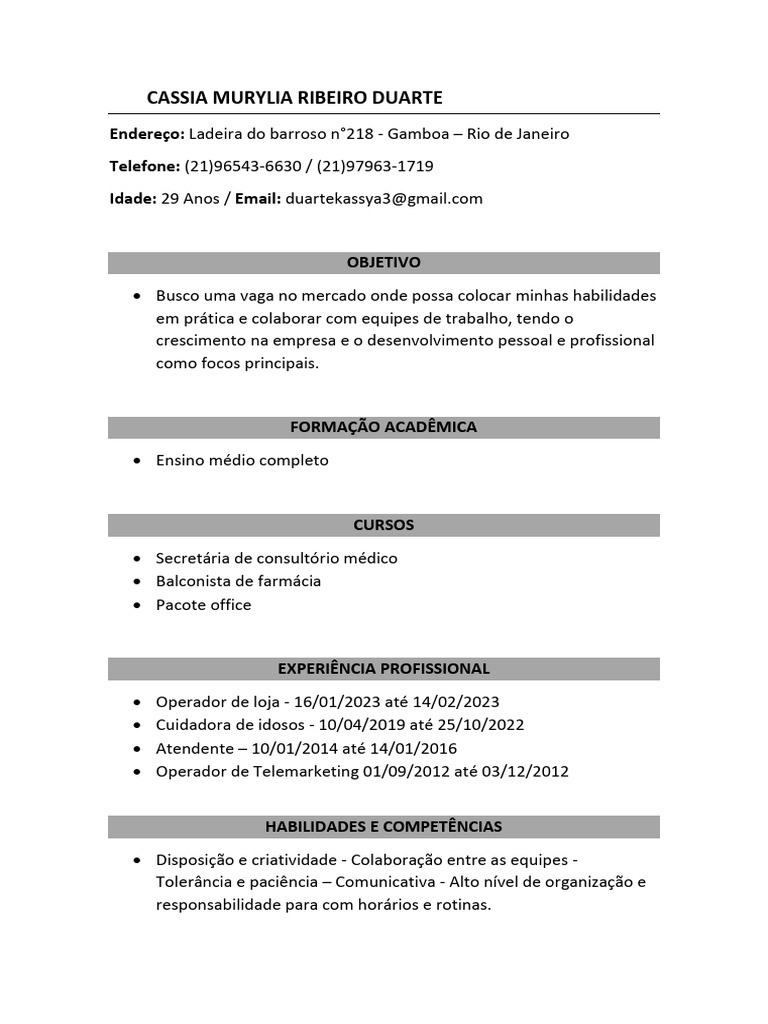 Cassia Curriculo | PDF | Carreira e Crescimento