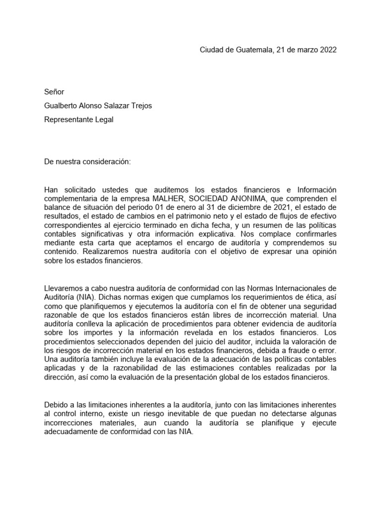 Carta de Encargo - Ejemplo | Descargar gratis PDF | Auditoría | Estado ...