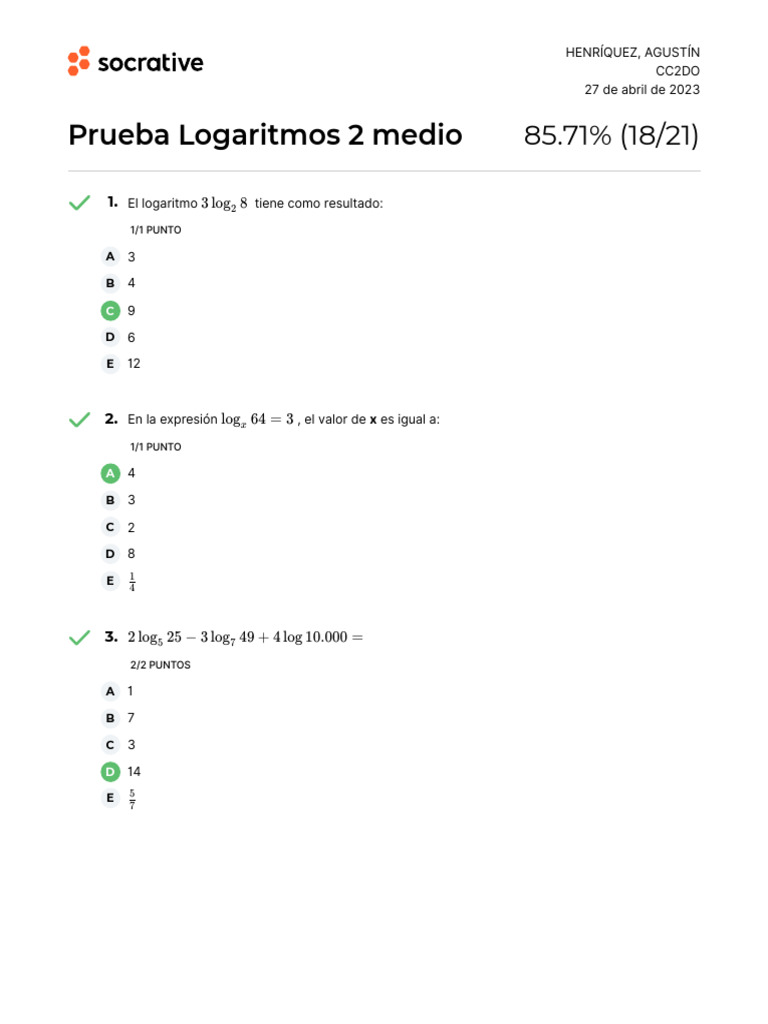 Prueba Logaritmos 2 Medio | PDF