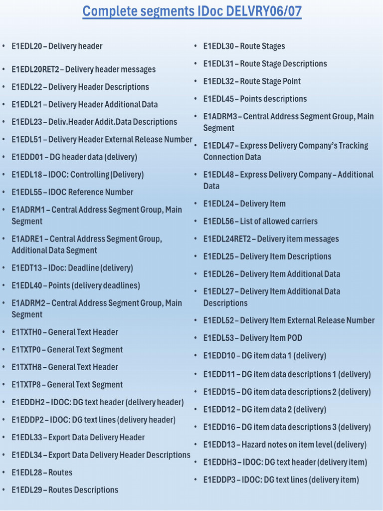 Complete Segments of IDOC Basic Type DELVRY06 - 07 | PDF