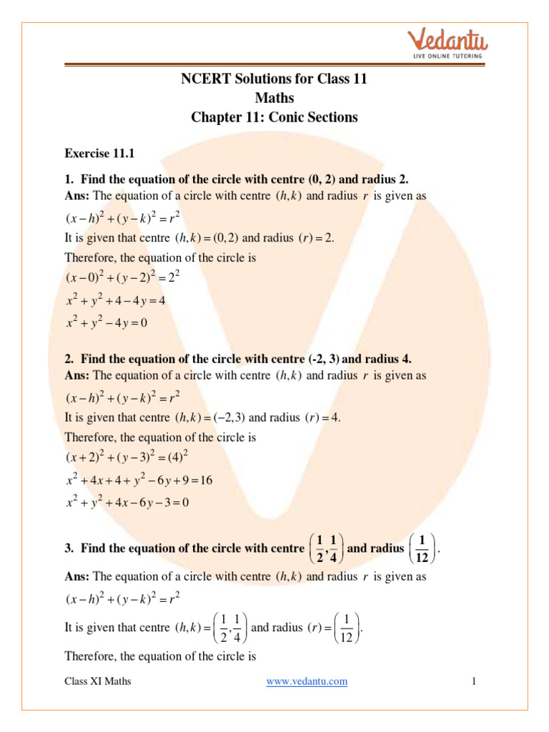 NCERT Solutions For Class 11 Maths Chapter 11 - Conic Sections - . | PDF