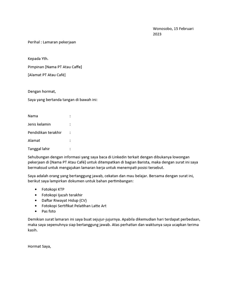 Surat Lamaran Kerja Barista | PDF