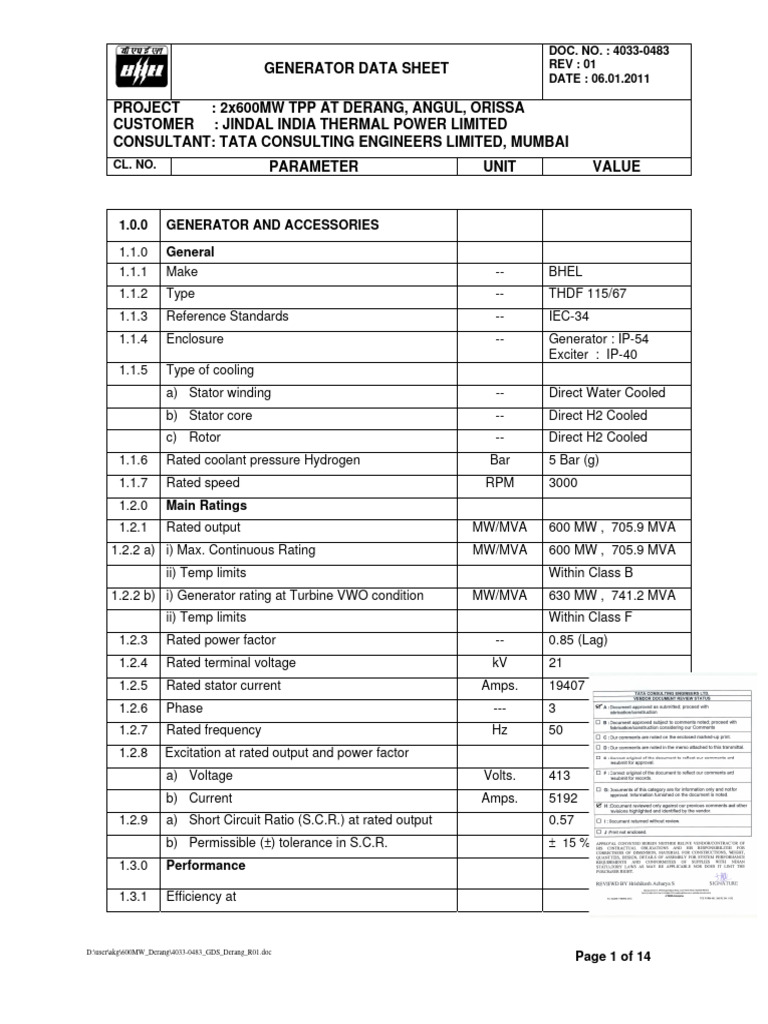 Generator Data Sheet of BHEL | PDF | Rectifier | Fuse (Electrical)