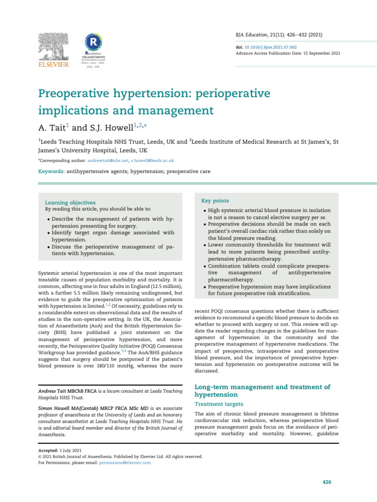 Preoperative Hypertension BJA 2021 | Download Free PDF | Hypertension ...