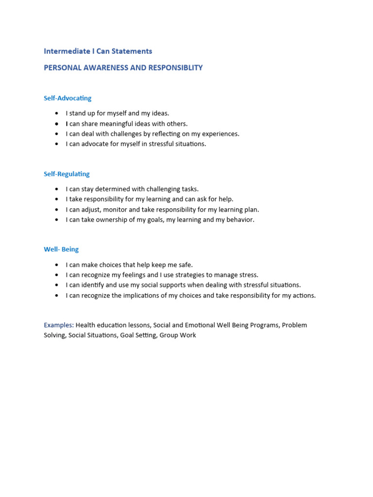 Personal Awareness and Responsibility Intermediate I Can Statements | PDF
