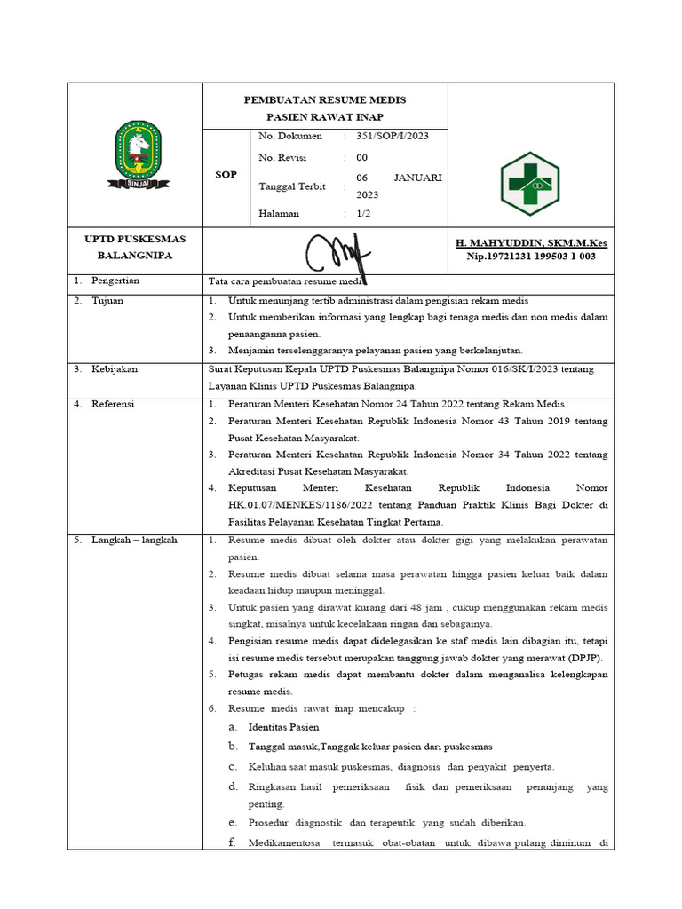 Prosedur Pembuatan Resume Medis | PDF