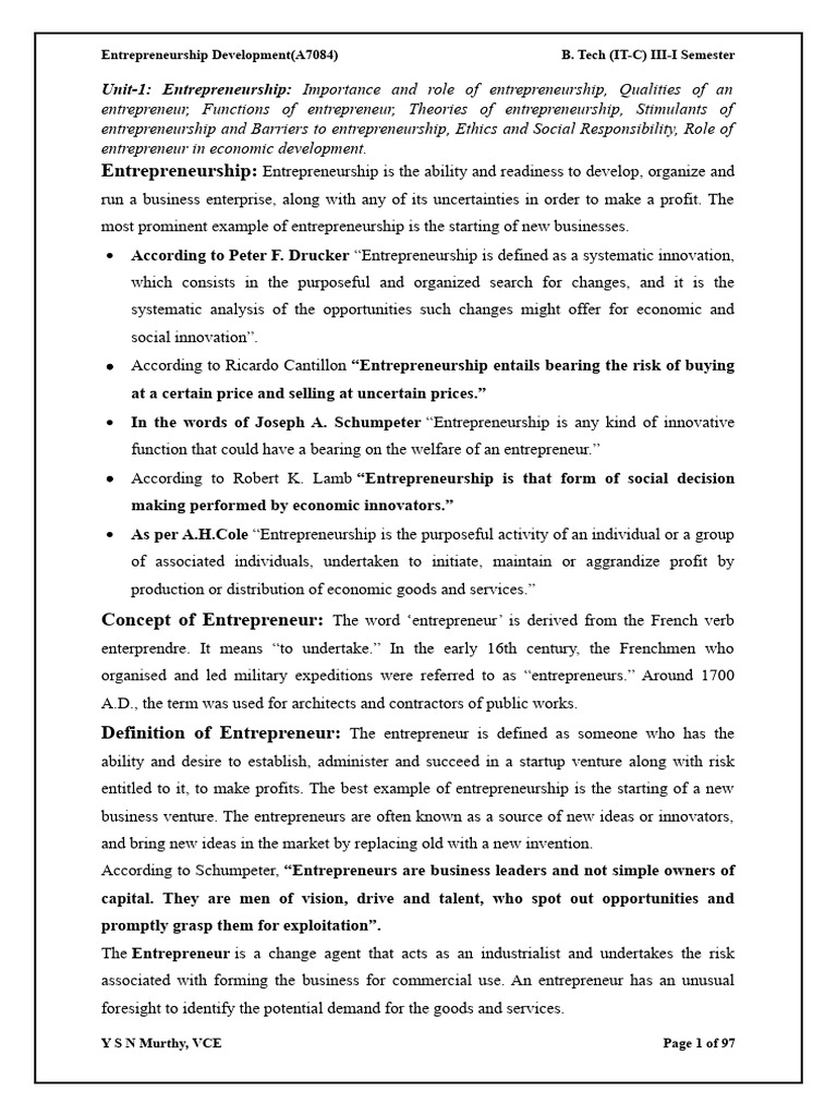 Entrepreneurship Development Notes | PDF | Entrepreneurship | Innovation