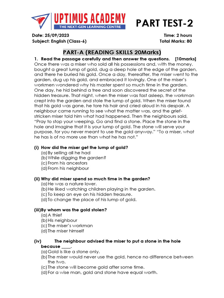 English Class 6 Part Test-2 | PDF English Class 6 Part Test-2 | PDF