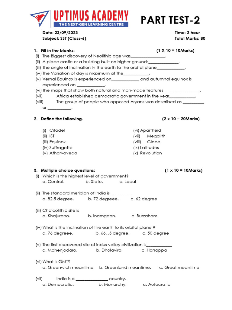 SST Class 6 Part Test-2 | PDF