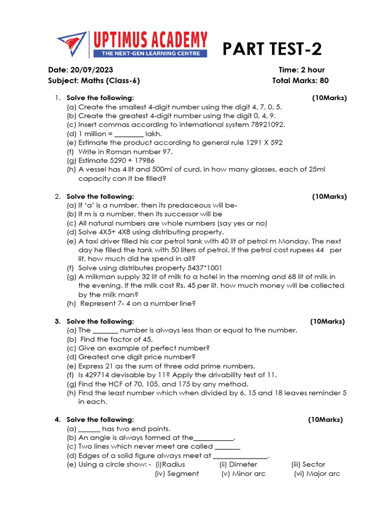 Maths Class 6 Part Test-2 | PDF | Mathematics | Arithmetic