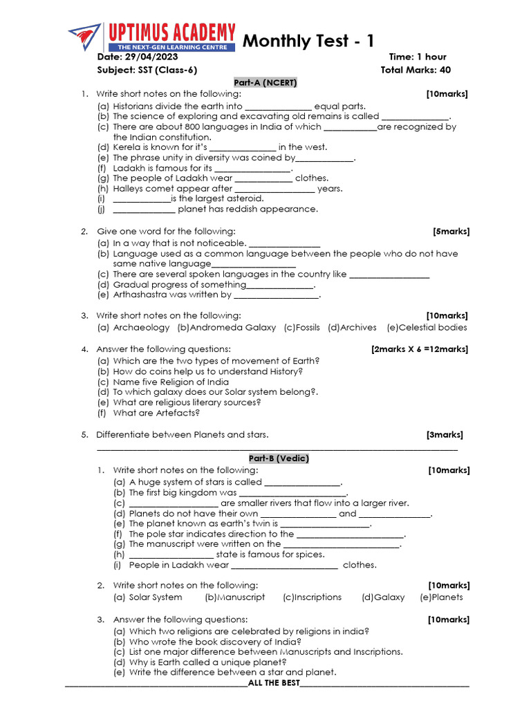 SST Class 6 Monthly Test-1 | PDF