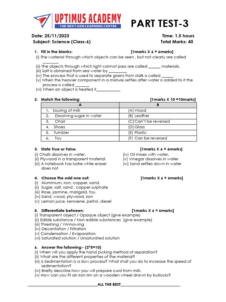 Science Class 6 Part Test-3 | PDF Science Class 6 Part Test-3 | PDF
