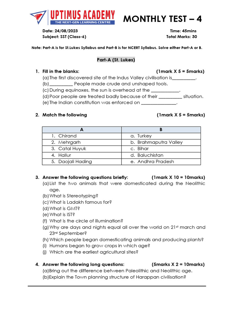 SST Class 6 Monthly Test-4 | PDF | Archaeology | South Asia