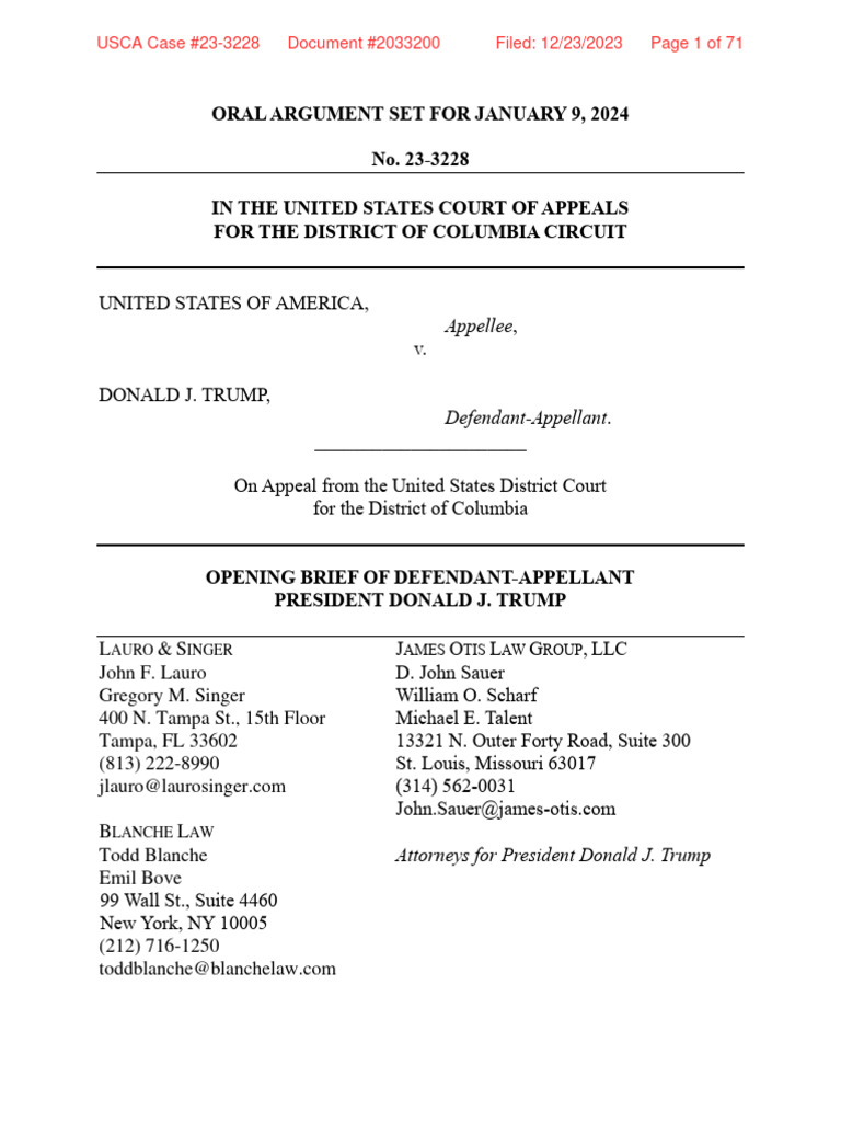 Trump Opening Brief with DC Appeals Court Arguing Immunity Claims | PDF ...