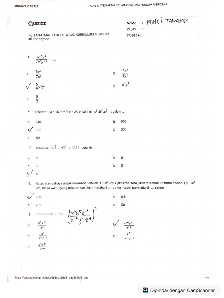 Soal Dan Kunci Jawaban Kuis MTK Semester Ganjil TP 2023 | PDF