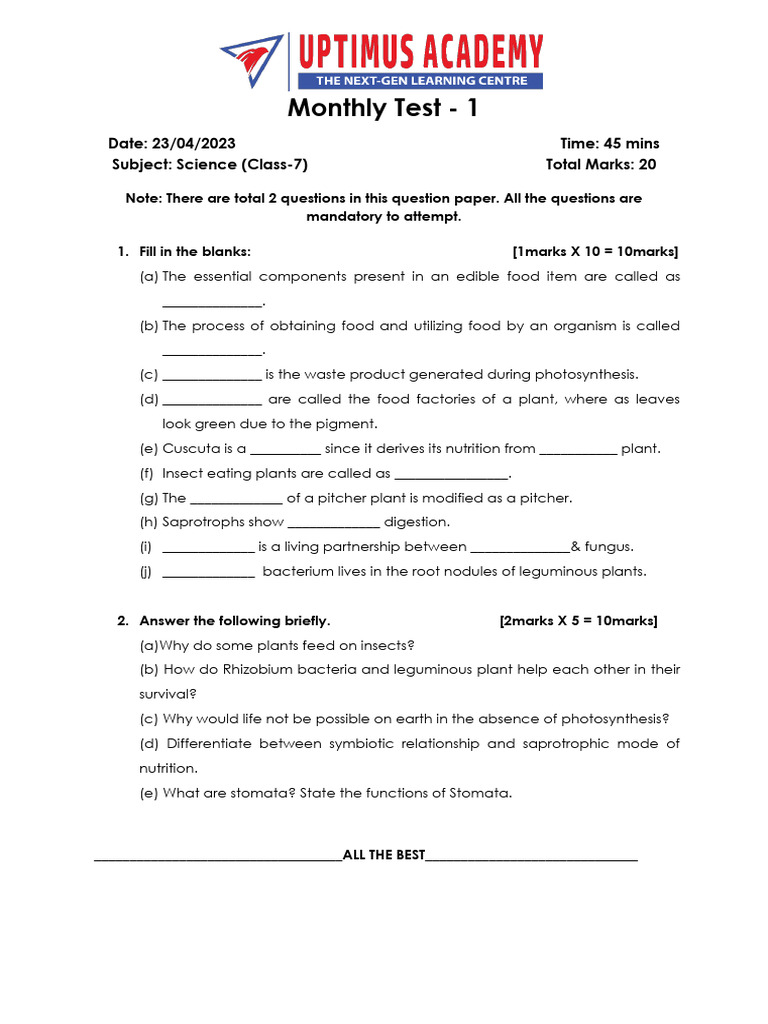 Science Class 7 Monthly Test-1 | PDF