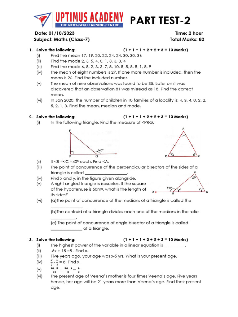 Maths Class 7 Part Test-2 | PDF | Mean | Arithmetic