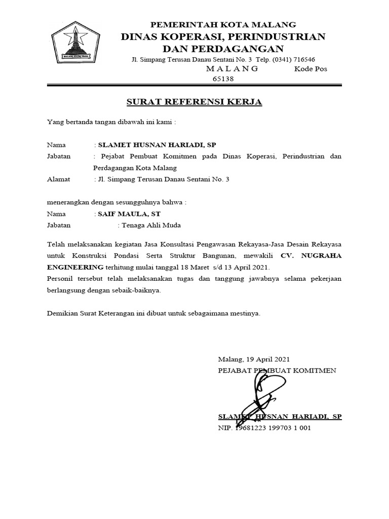 Dinas Koperasi, Perindustrian Dan Perdagangan: Surat Referensi Kerja | PDF