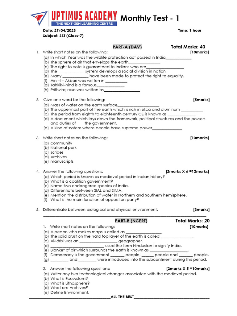 SST Class 7 Monthly Test-1 | PDF