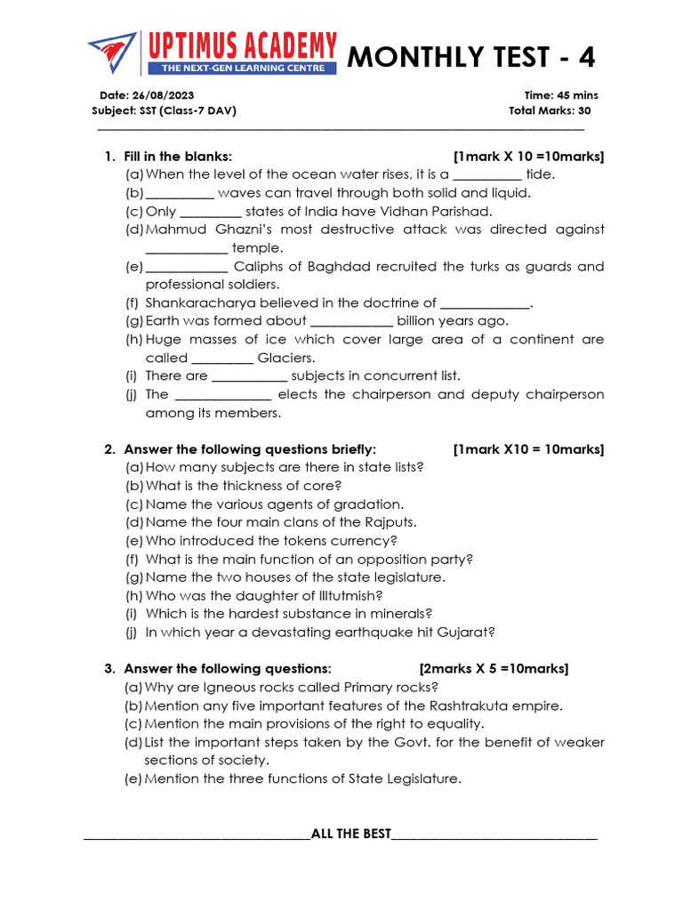 SST Class 7 Monthly Test-4 | PDF