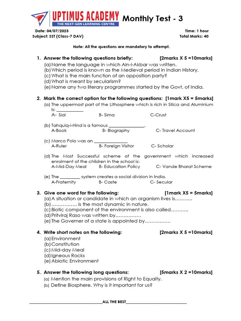 SST Class 7 Monthly Test-3 | PDF