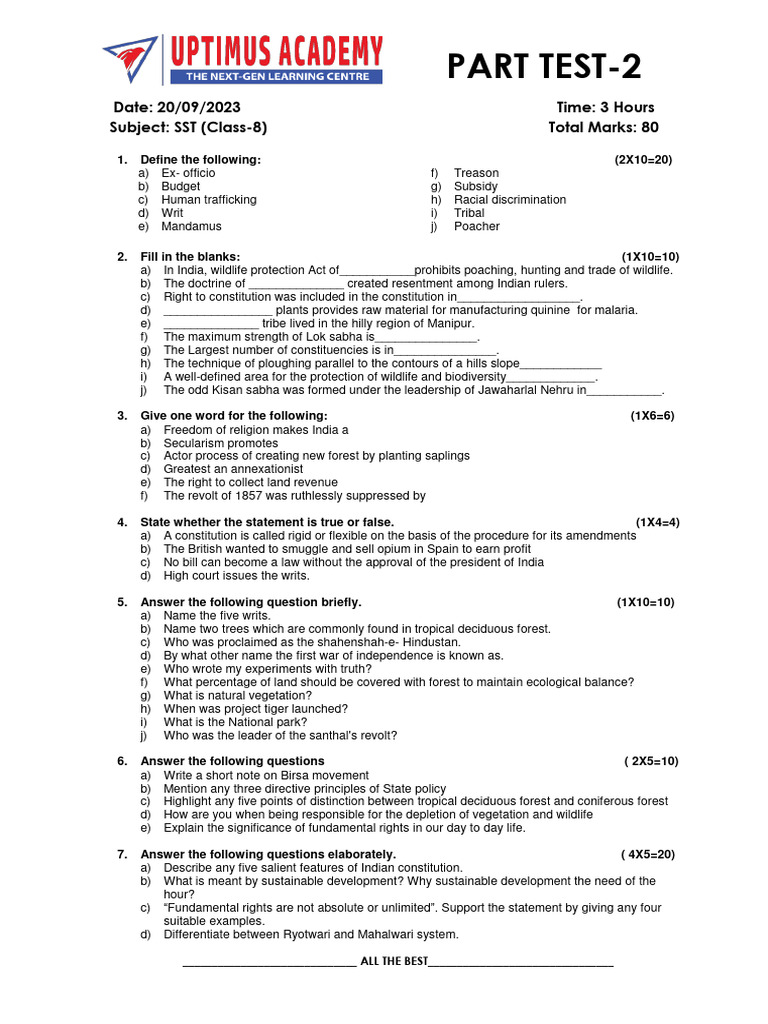 SST Class 8 Part Test-2 | Download Free PDF | Forests | Poaching