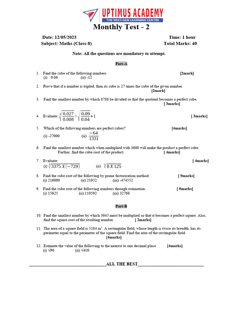Maths Class 8 Monthly Test-2 | PDF | Numbers | Mathematical Objects