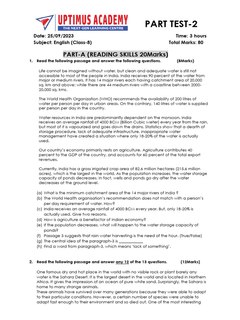 English Class 8 Part Test-2 | PDF