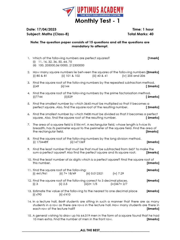 Maths Class 8 Monthly Test-1 | PDF | Numbers | Square Root