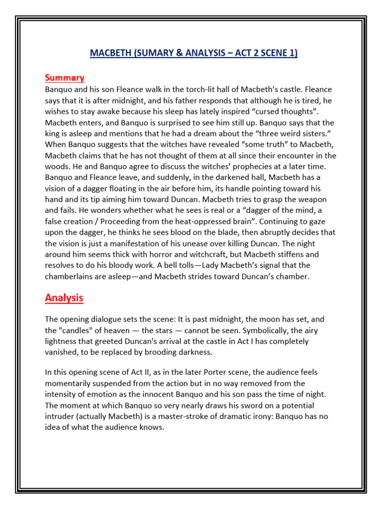 Macbeth Act 2 Scene 1 Summary | PDF