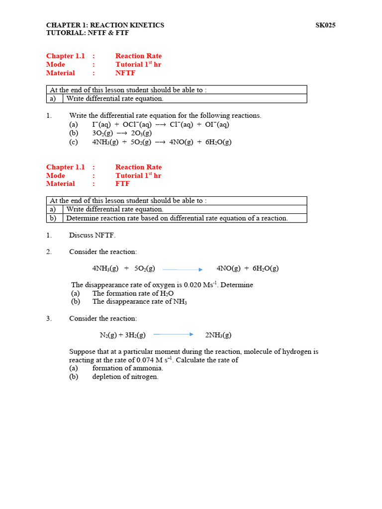 Chapter 1 Tutorial NFTF & FTF Sk025 22-23 Question | PDF | Reaction Rate | Reaction Rate Constant