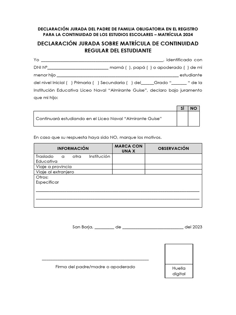Formato de Declarac Jurada Mat - Continuidad Regular Estud - 2024 | PDF