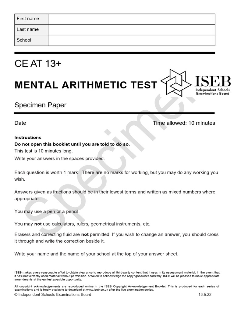 Updated Specimen CE 13 Mathematics Mental Arithmetic 2022 | PDF | Area ...