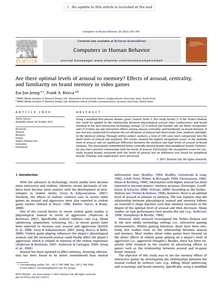 Optimal Levels of Arousal To Memory? Effects of Arousal, Centrality ...